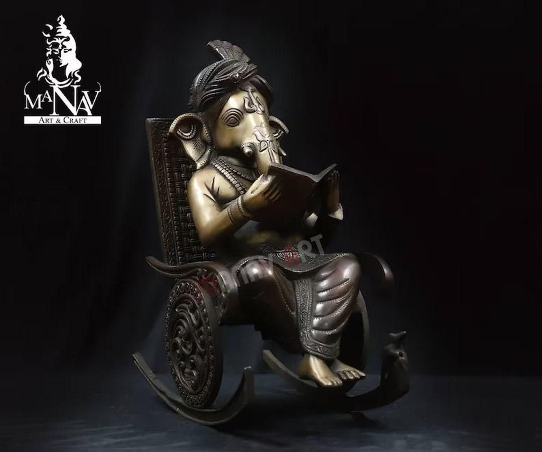 Brass Ganesha Statue 40 CM Ganesh Idol on Rocking Chair Book - Etsy