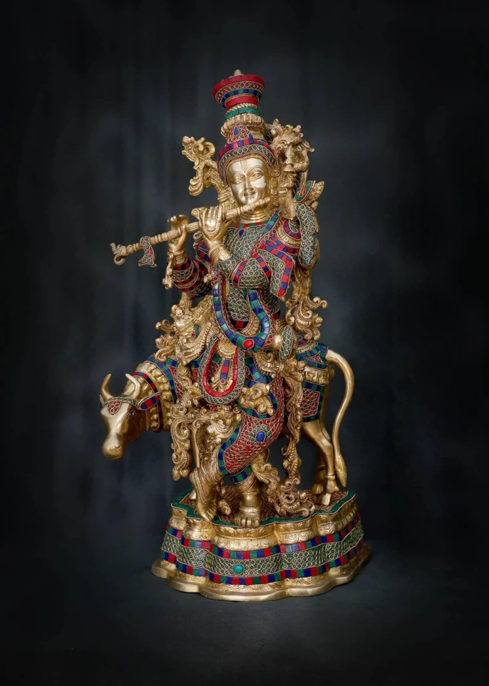 Brass Cow Krishna, 67 CM Krishna Statue, Big Size Cow Krishna, Krishna ...