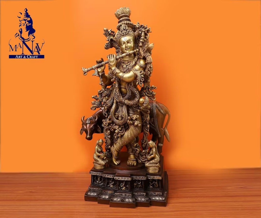 Brass Cow Krishna, 72 CM Krishna Statue, Big Size Cow Krishna, Krishna ...
