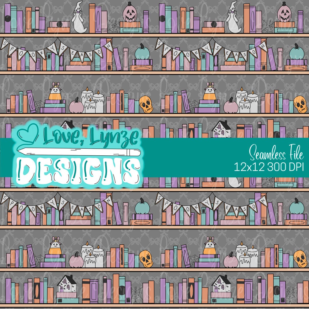 Pastel Halloween Bookshelf Pattern: Spooky Books & Trinkets (digital ...