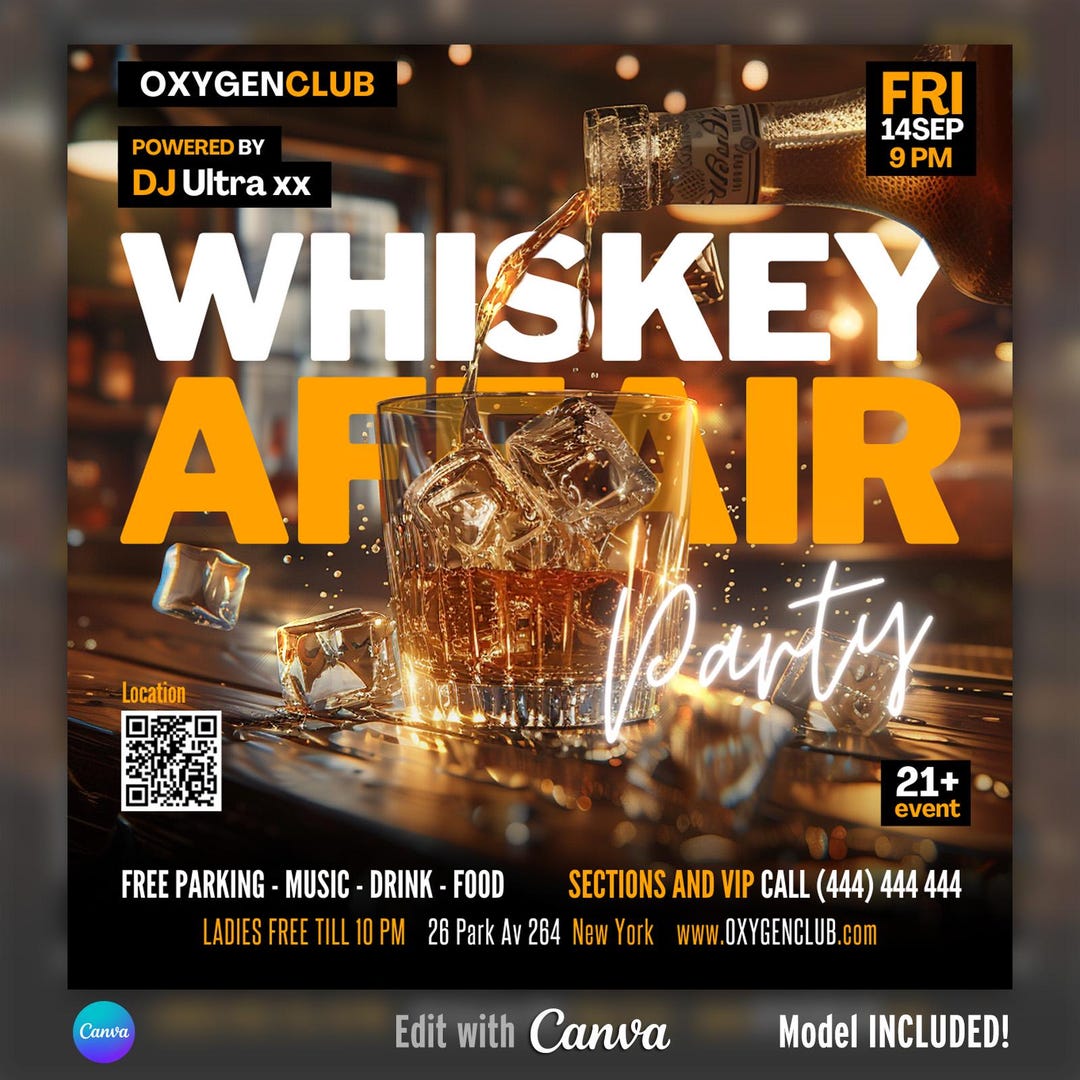 EDITABLE Canva Flyer, Night Club Flyer, Whiskey Party Flyer, Drink ...