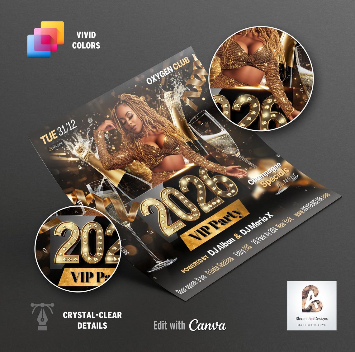 EDITABLE Canva Flyer, Club, New Year 2026 VIP Party, New Year's Eve ...