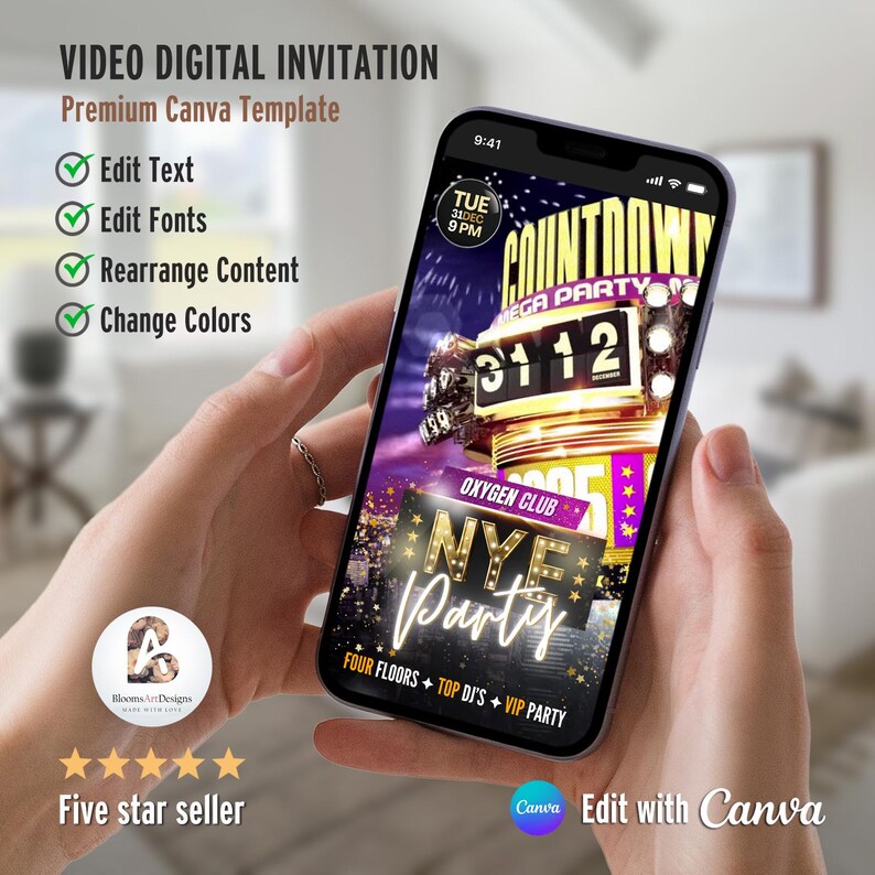 EDITABLE Digital Canva Video Invitation, NYE Party, New Year ...