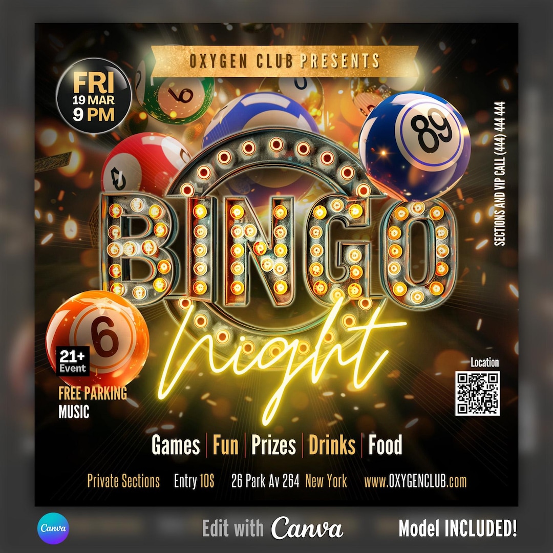 EDITABLE Canva Bingo Night Flyer, Club Flyer, Night Club, Adult Event ...