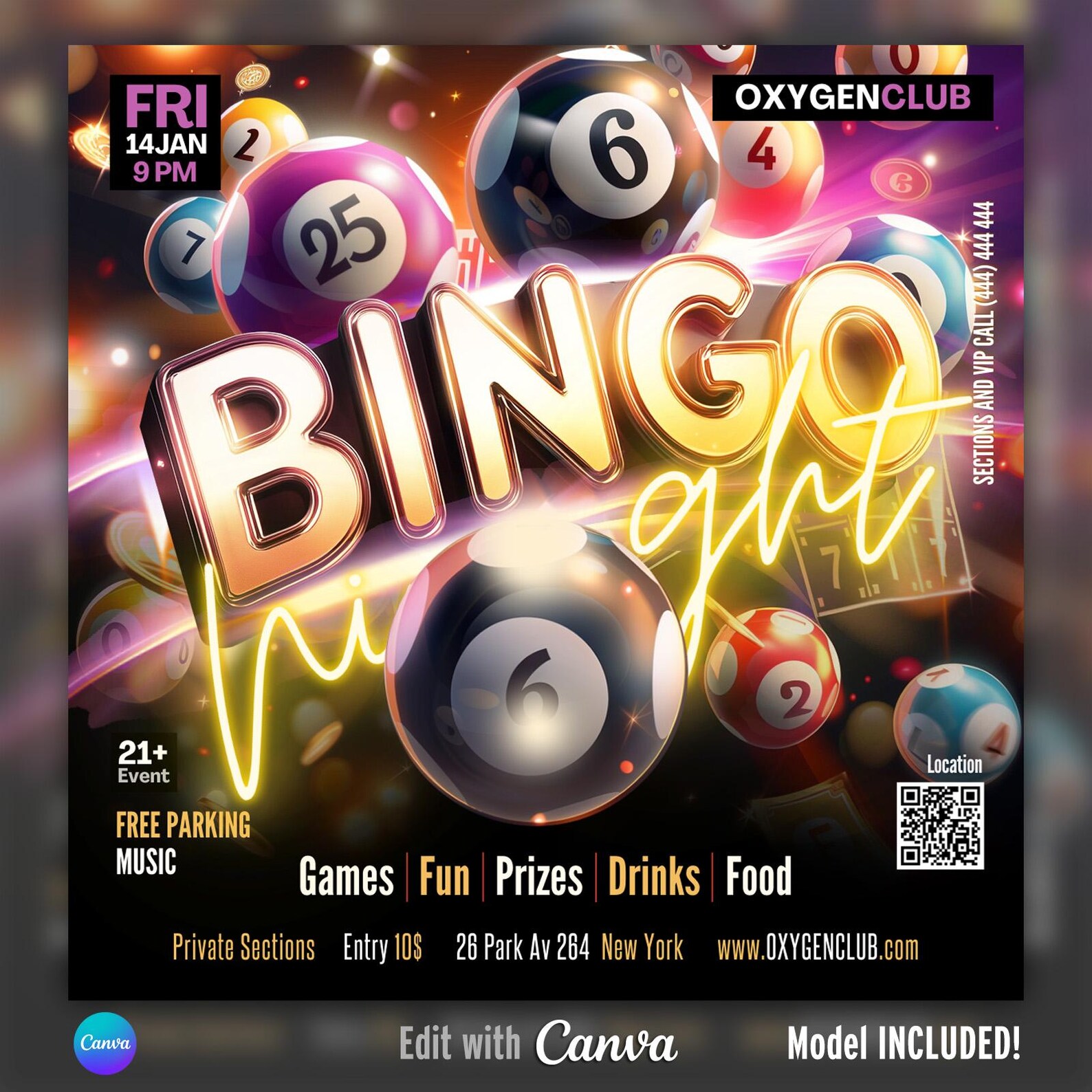 EDITABLE Canva Bingo Night Flyer, Club Flyer, Night Club, Adult Event ...