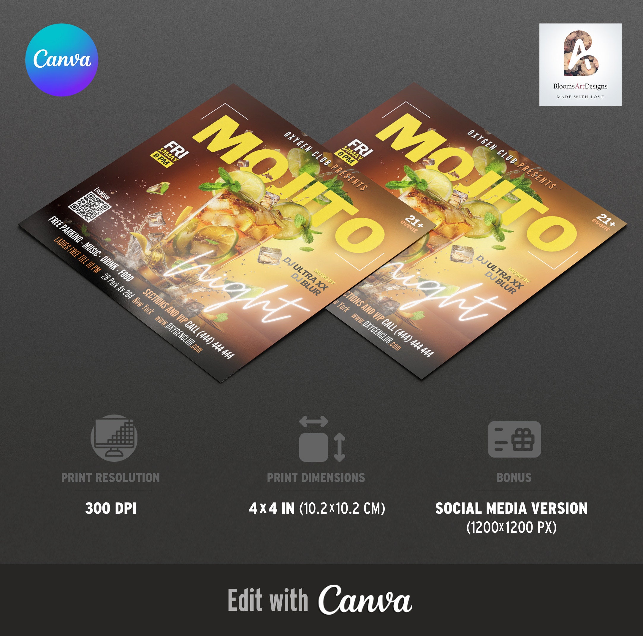 EDITABLE Canva Flyer, Night Club Flyer, Mojito Night Flyer, Cocktail, Adult Dance Event, DJ ...