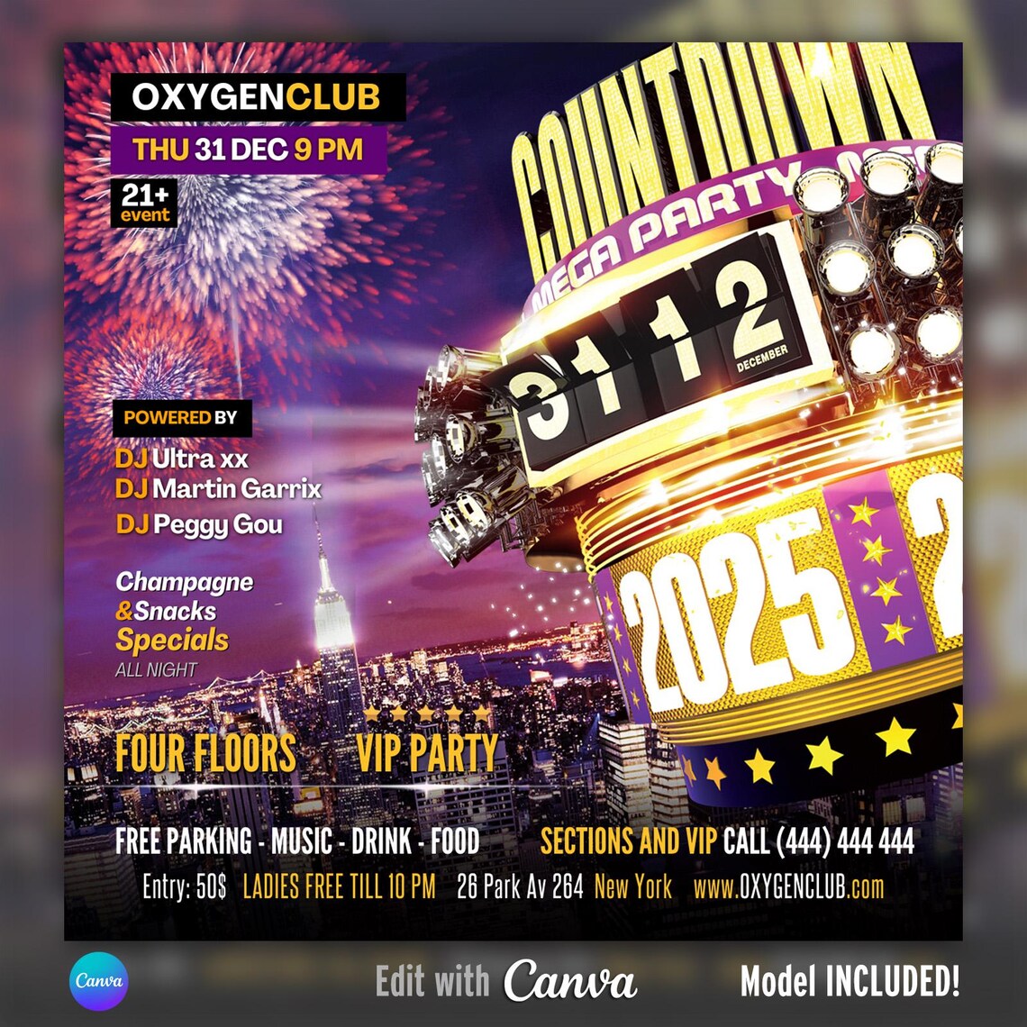 EDITABLE Canva Flyer, Club, New Year 2025 VIP Party, New Year's Eve ...