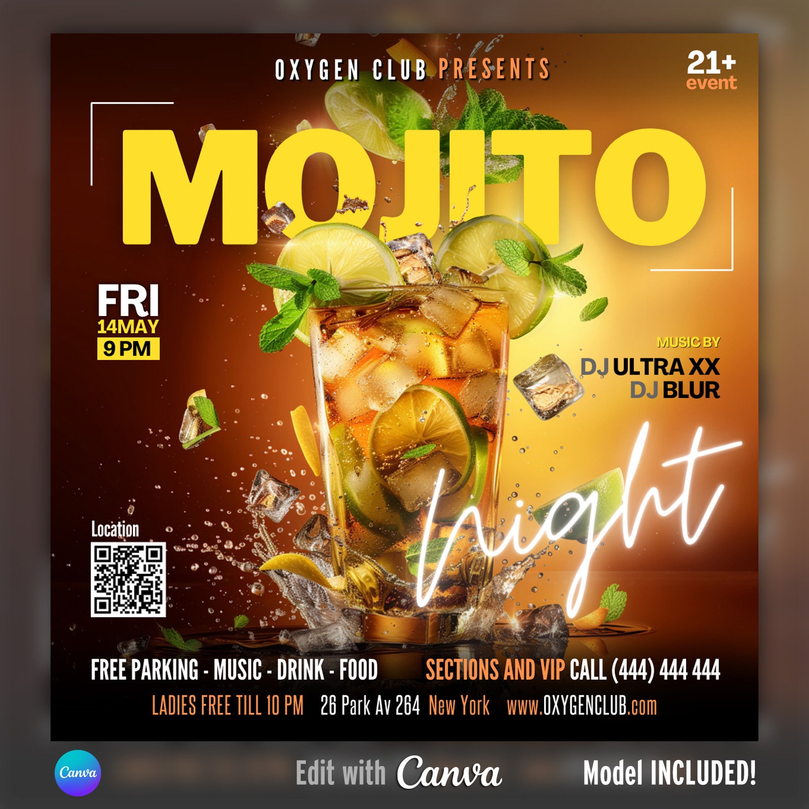 EDITABLE Canva Flyer, Night Club Flyer, Mojito Night Flyer, Cocktail, Adult Dance Event, DJ ...
