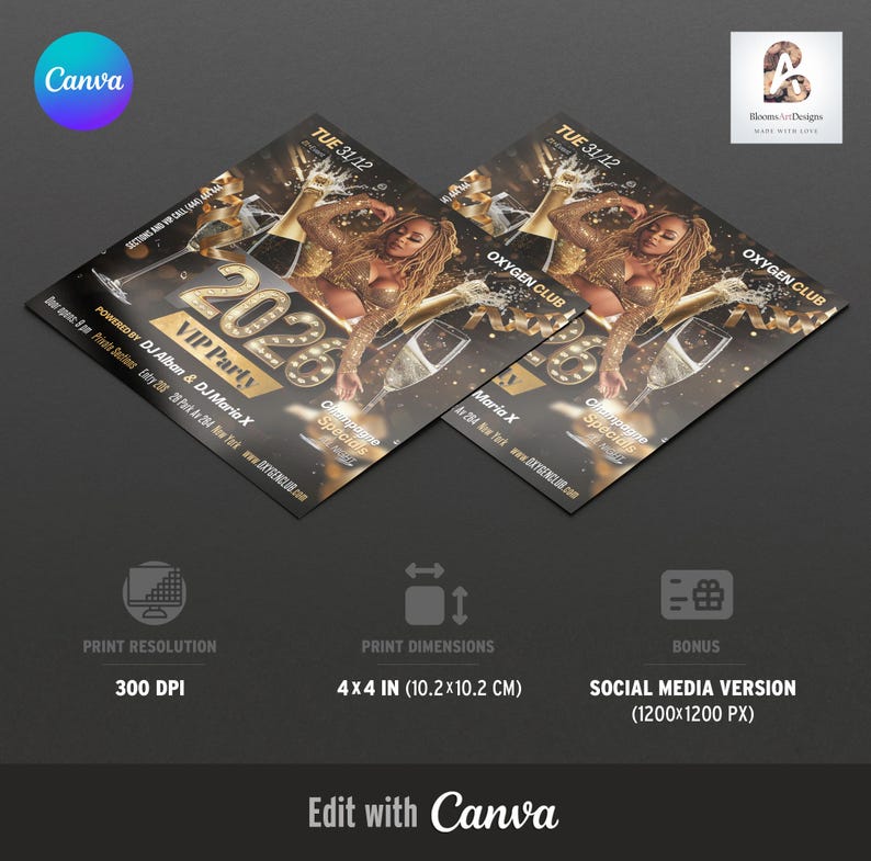 EDITABLE Canva Flyer, Club, New Year 2026 VIP Party, New Year's Eve ...
