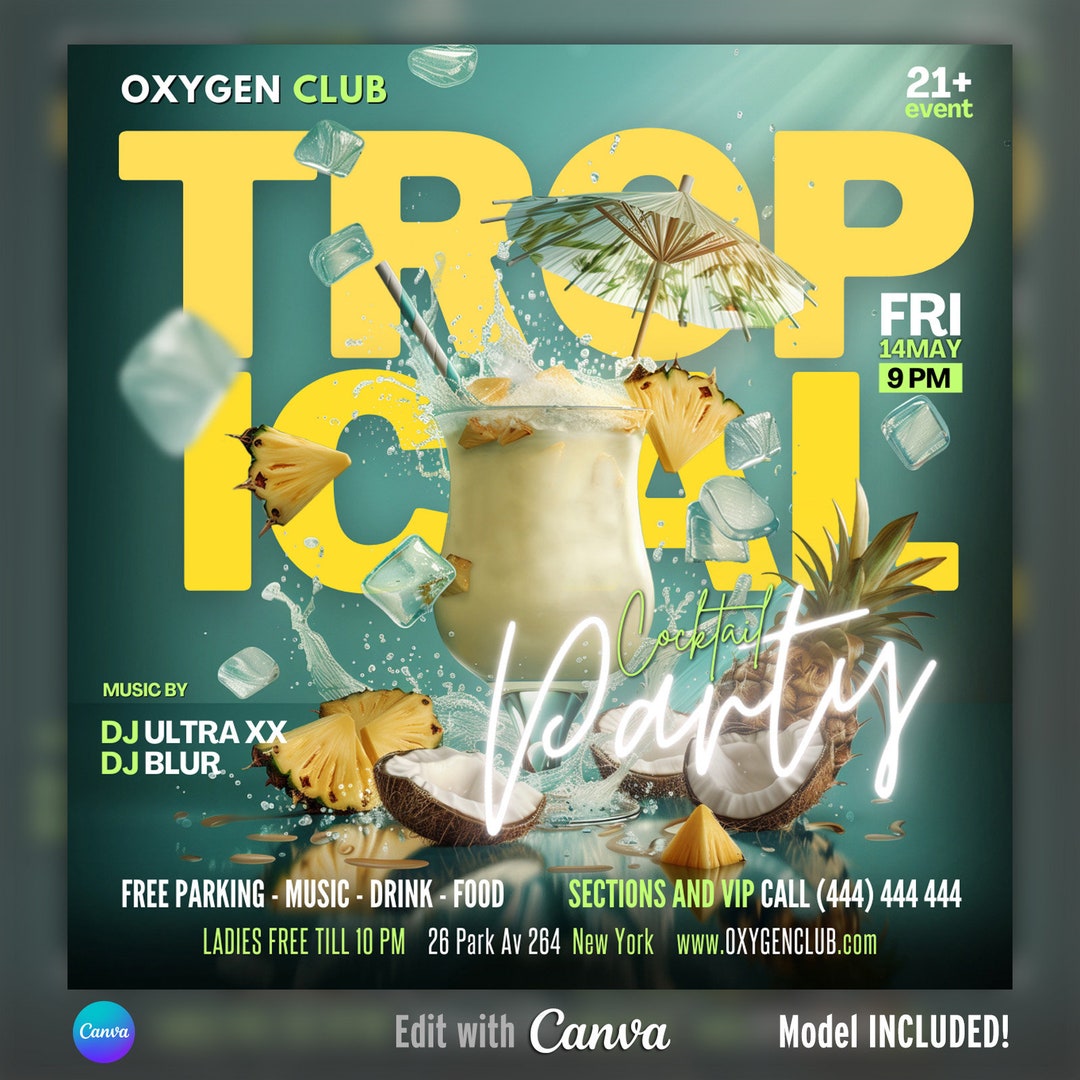 Editable Canva Flyer Night Club Flyer Tropical Party Flyer Caribbian Party Dance Dj Party