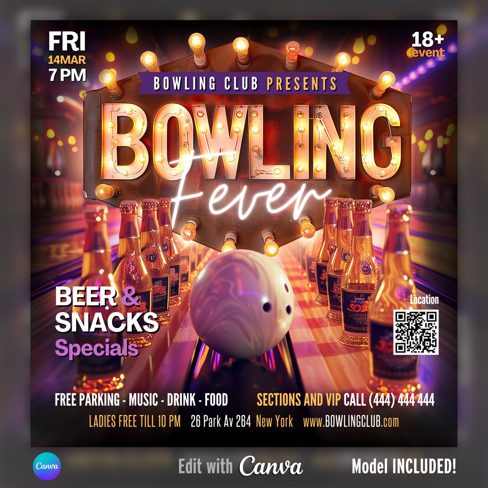 EDITABLE Canva Bowling Night Flyer, Club Flyer, Bowling Club ...