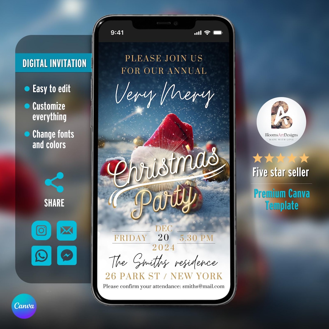 EDITABLE Digital Canva Invitation, Christmas Party, Christmas ...