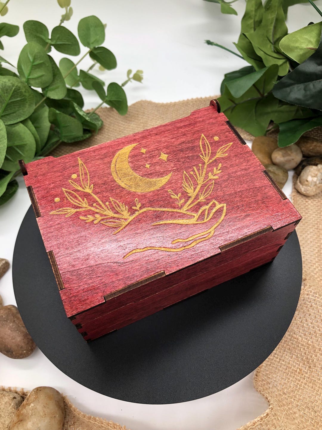 Cabernet Stained Hand and Moon Basswood Tarot Box With Hinged Lid Tarot ...