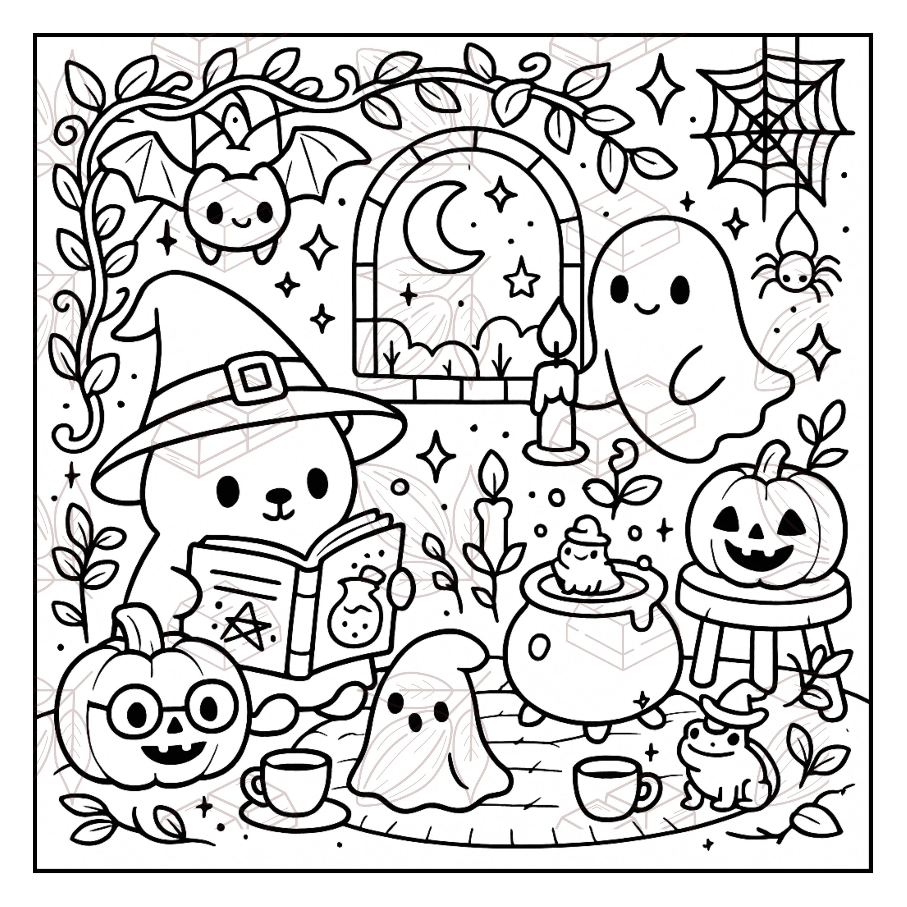 Cute Halloween Coloring Pages Bundle, Kawaii Cozy Coloring Pages, Adult ...