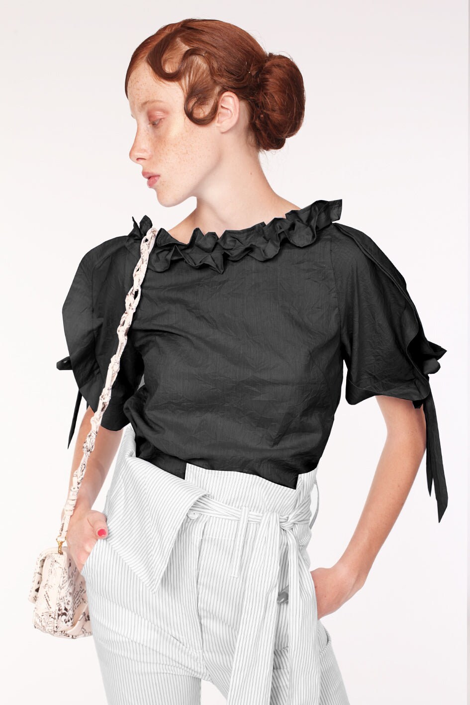 Frilly Neck Squarish Sleeves Wrinkled Cotton Top/ Black - Etsy