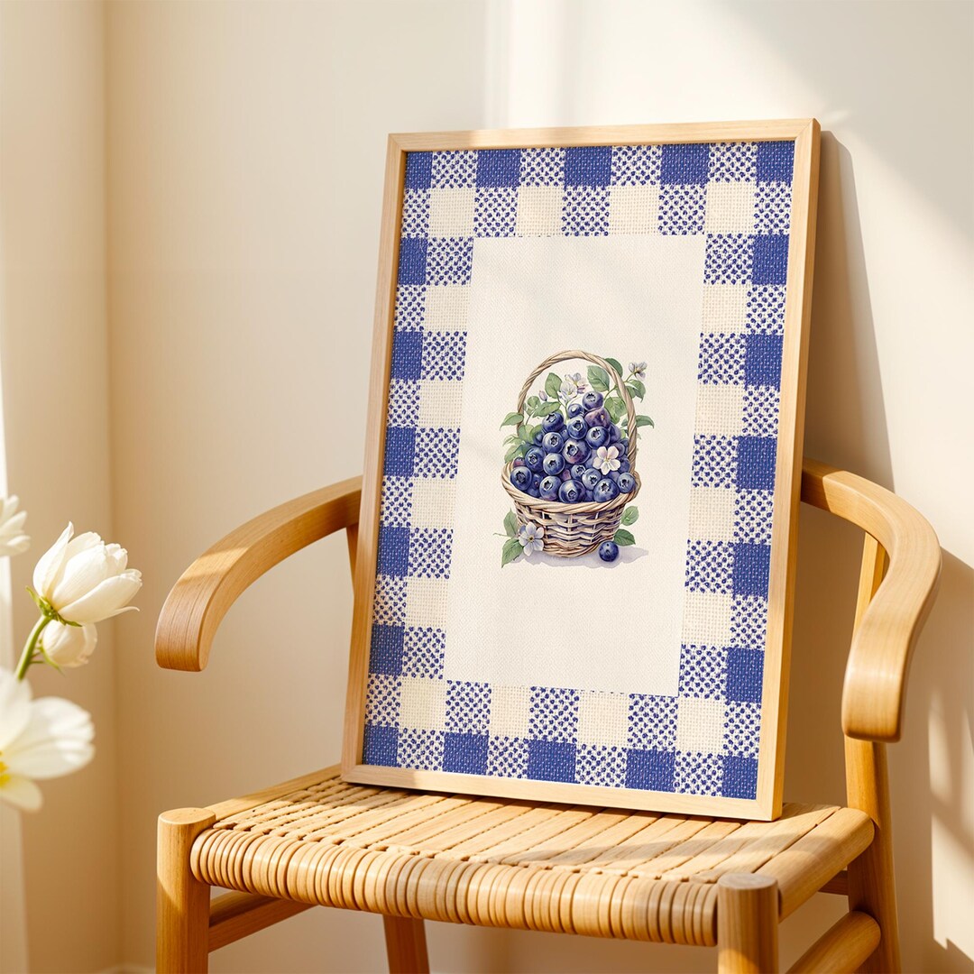Vintage Blueberries and Flowers Gingham Wall Art, Woven Basket Fruit ...
