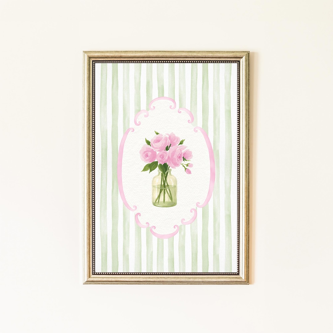 Pink Watercolor Floral Bouquet Green Stripe Wall Art: French Country ...
