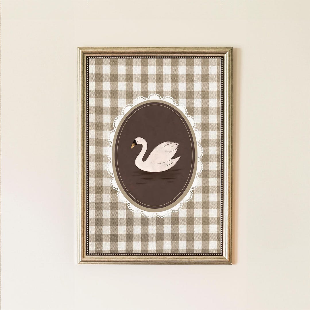 Vintage Swan Gingham Art Print, Brown Checkered Bird Printable ...