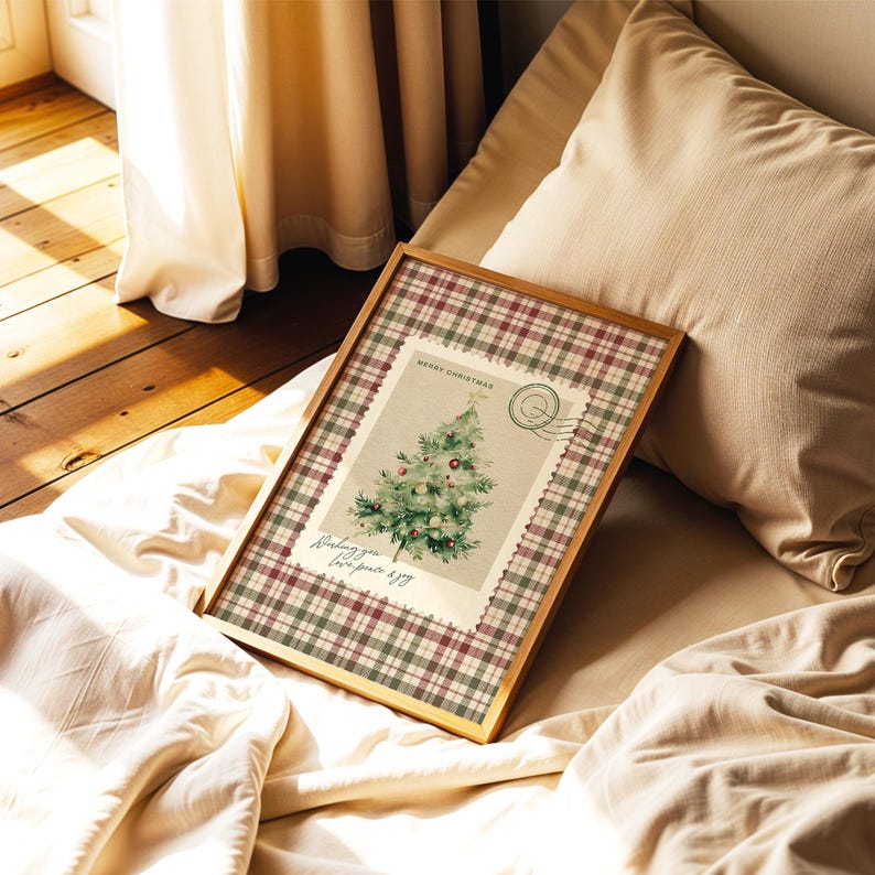 Vintage Christmas Tree Stamp Print | Rustic Plaid Holiday Wall Art ...