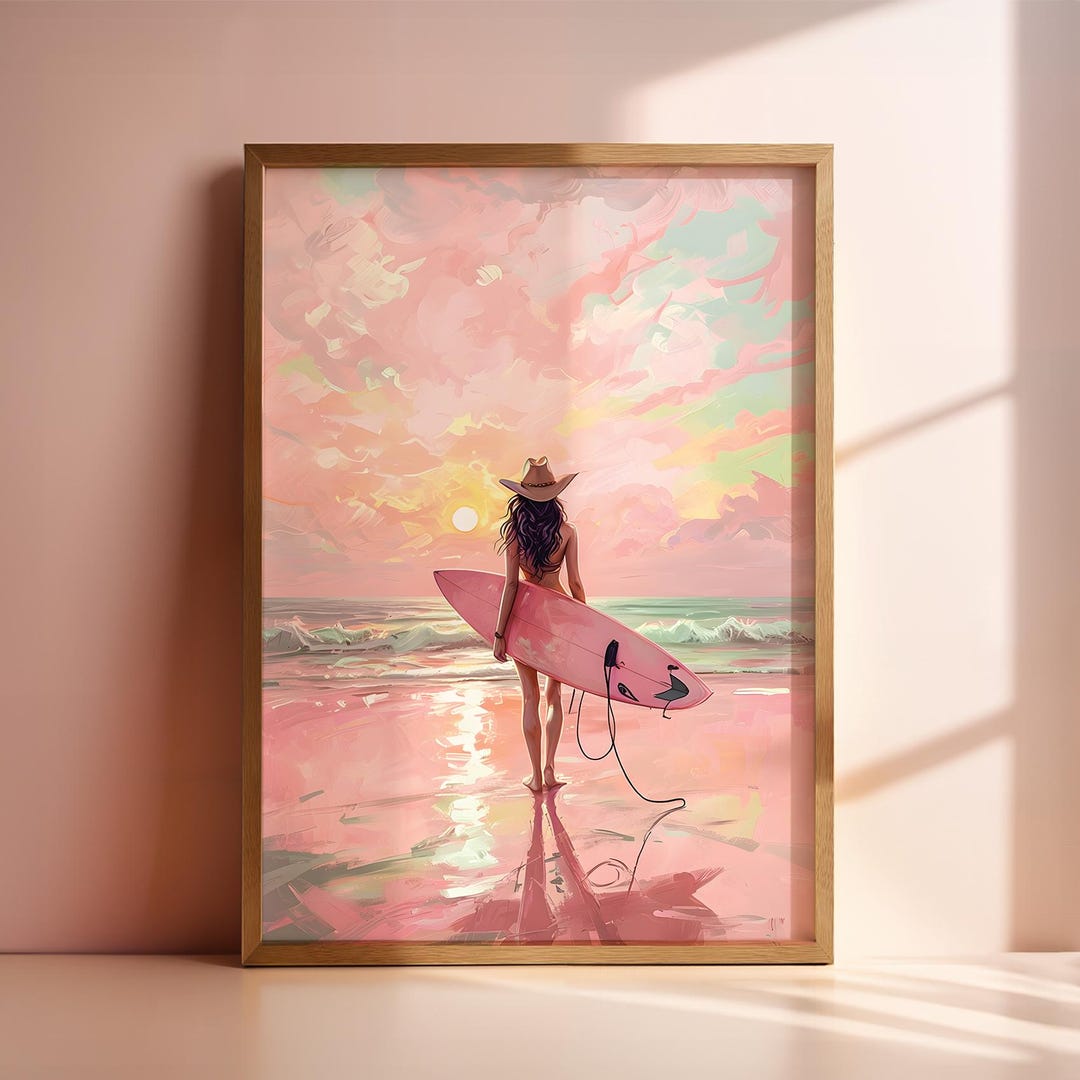 Pink Coastal Cowgirl Surfer Print, Preppy Surfboard Wall Art, Beach ...