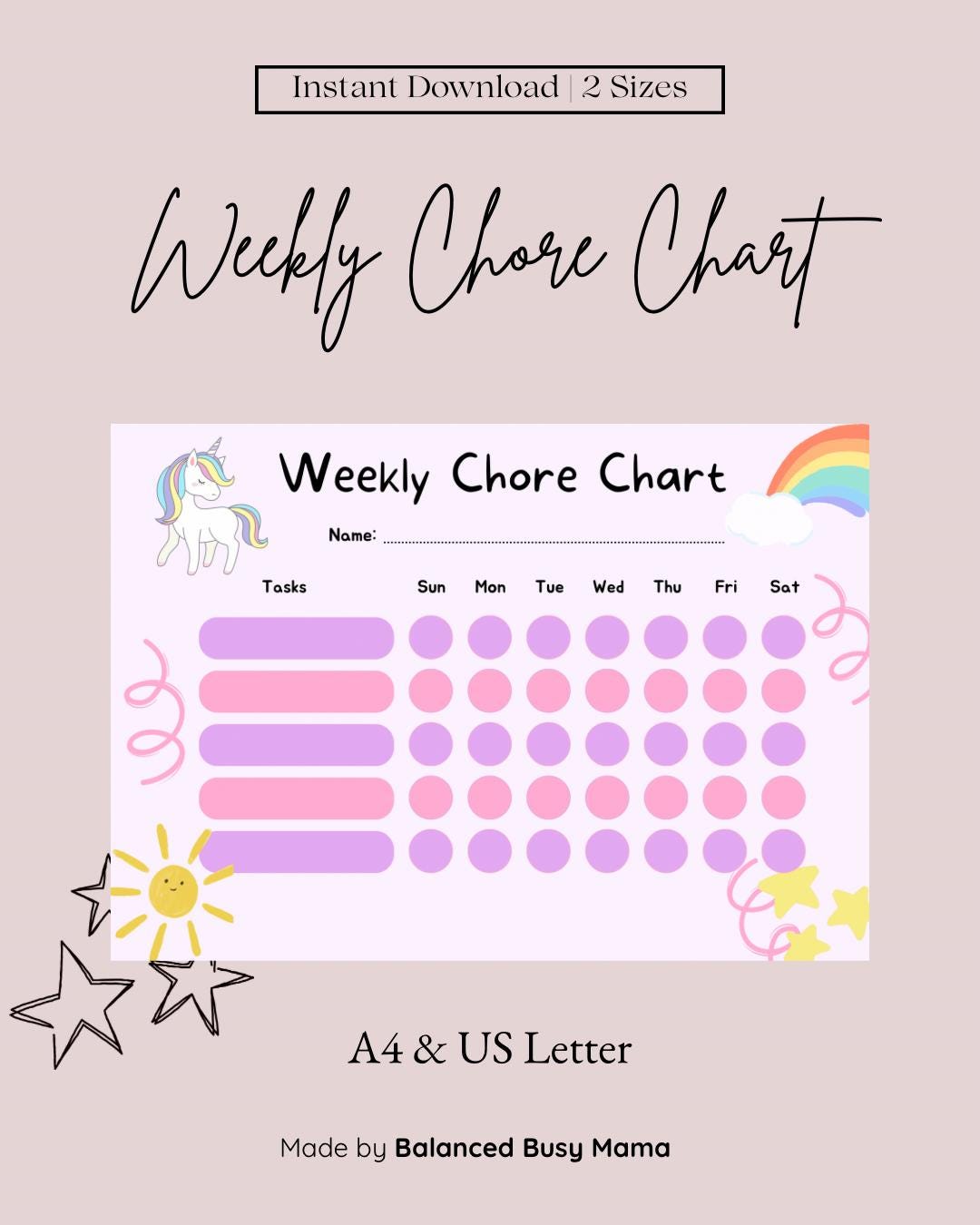 Unicorn Weekly Kid Chore Chart | Reward Chart | Printable ...