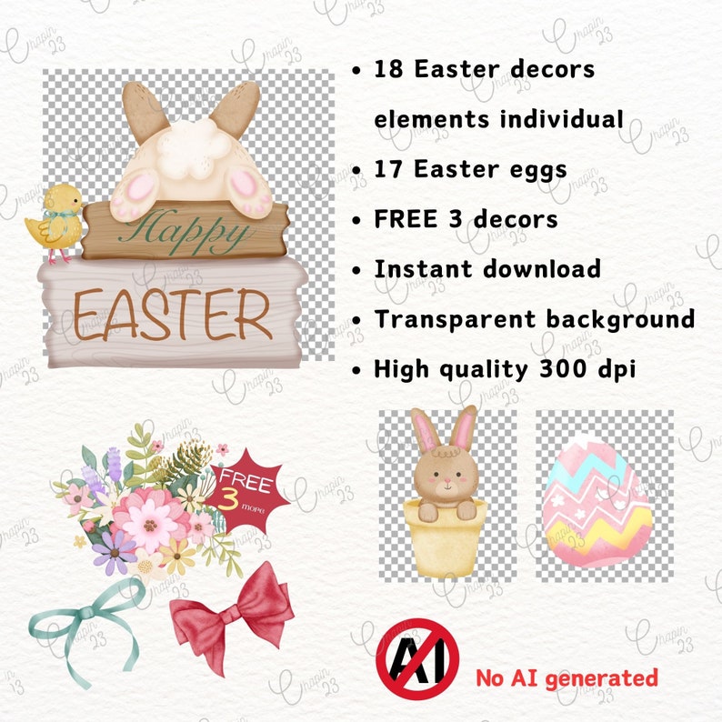 Easter Delight Cliparts, 300 Dpi PNG, Easter Bunny, Chick, Flower, Easter Egg, Carrot, Car, Cute ...