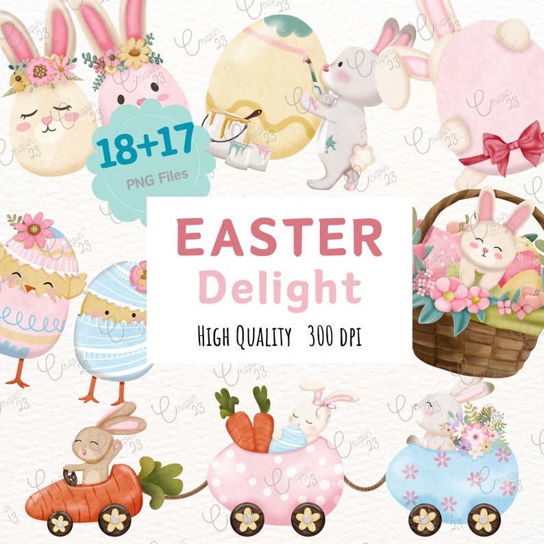 Easter Delight Cliparts, 300 Dpi PNG, Easter Bunny, Chick, Flower, Easter Egg, Carrot, Car, Cute ...