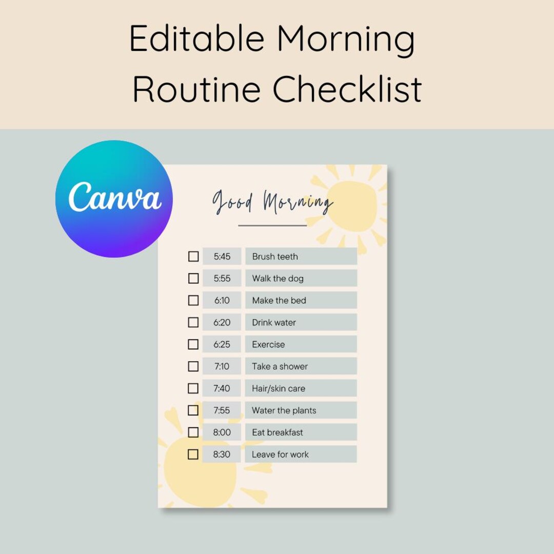 Editable Daily Morning Routine Checklist | Canva Template | Printable ...