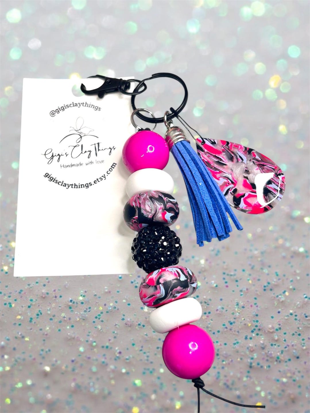 Pink & Black Swirl Beaded Keychain – Fun Handmade Polymer Clay Purse ...