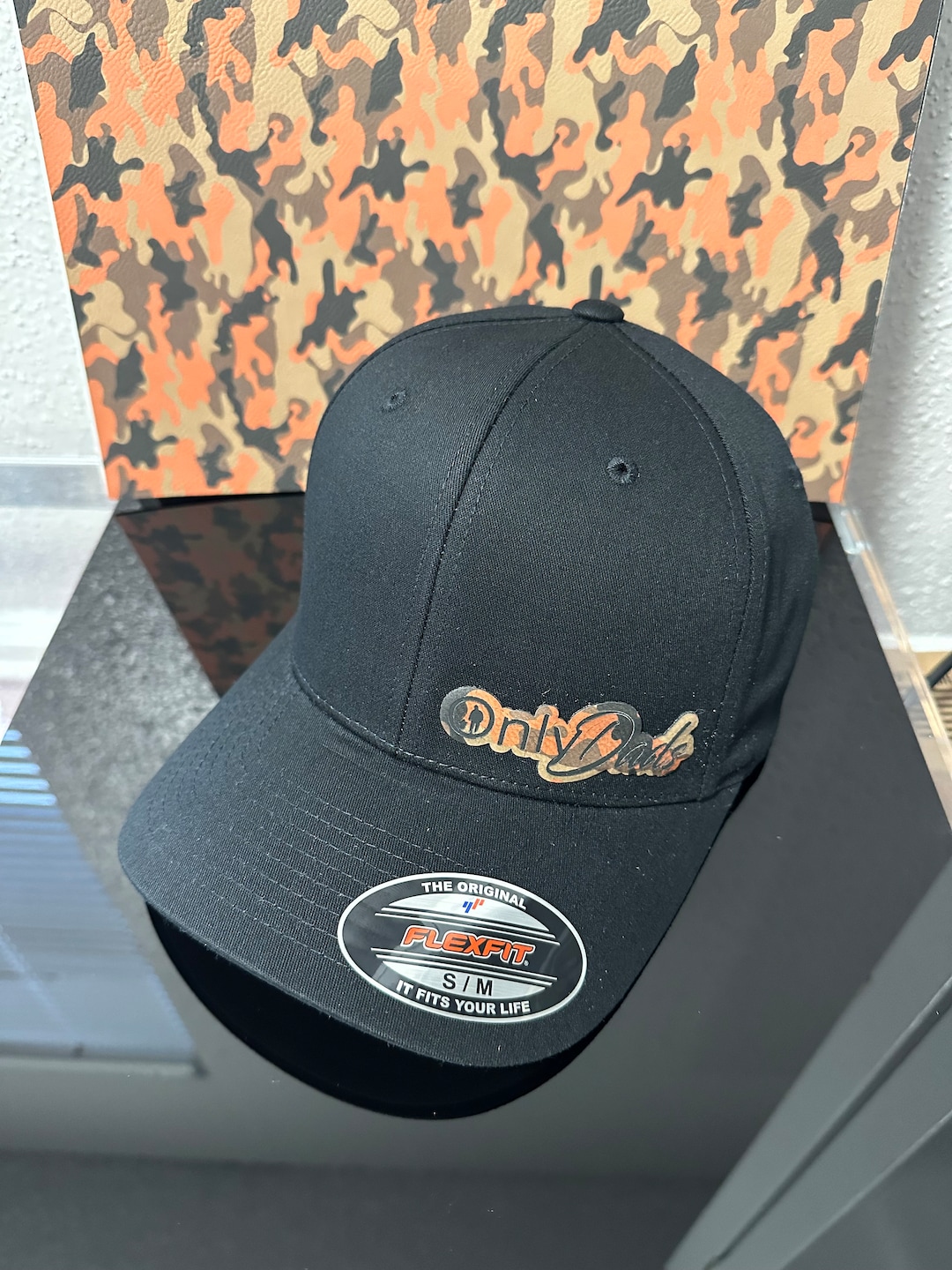 Custom Flexfit Camo Pattern only Dads Black Fitted Hat Leather Patch Sarcasm Funny Blue Collar ...