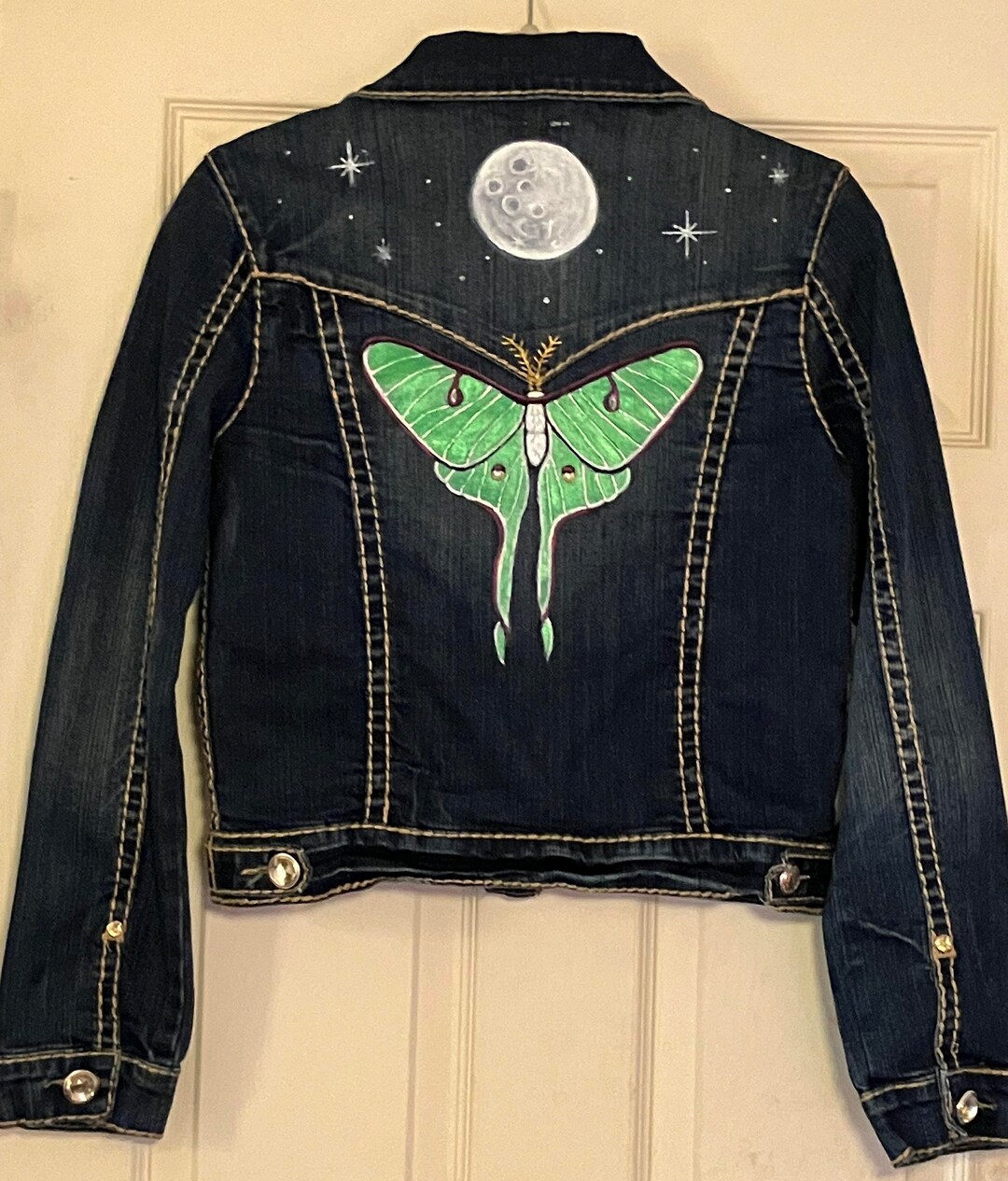 Hand Painted Denim Jacket Luna Moth Moon LA Idol Brand - Etsy