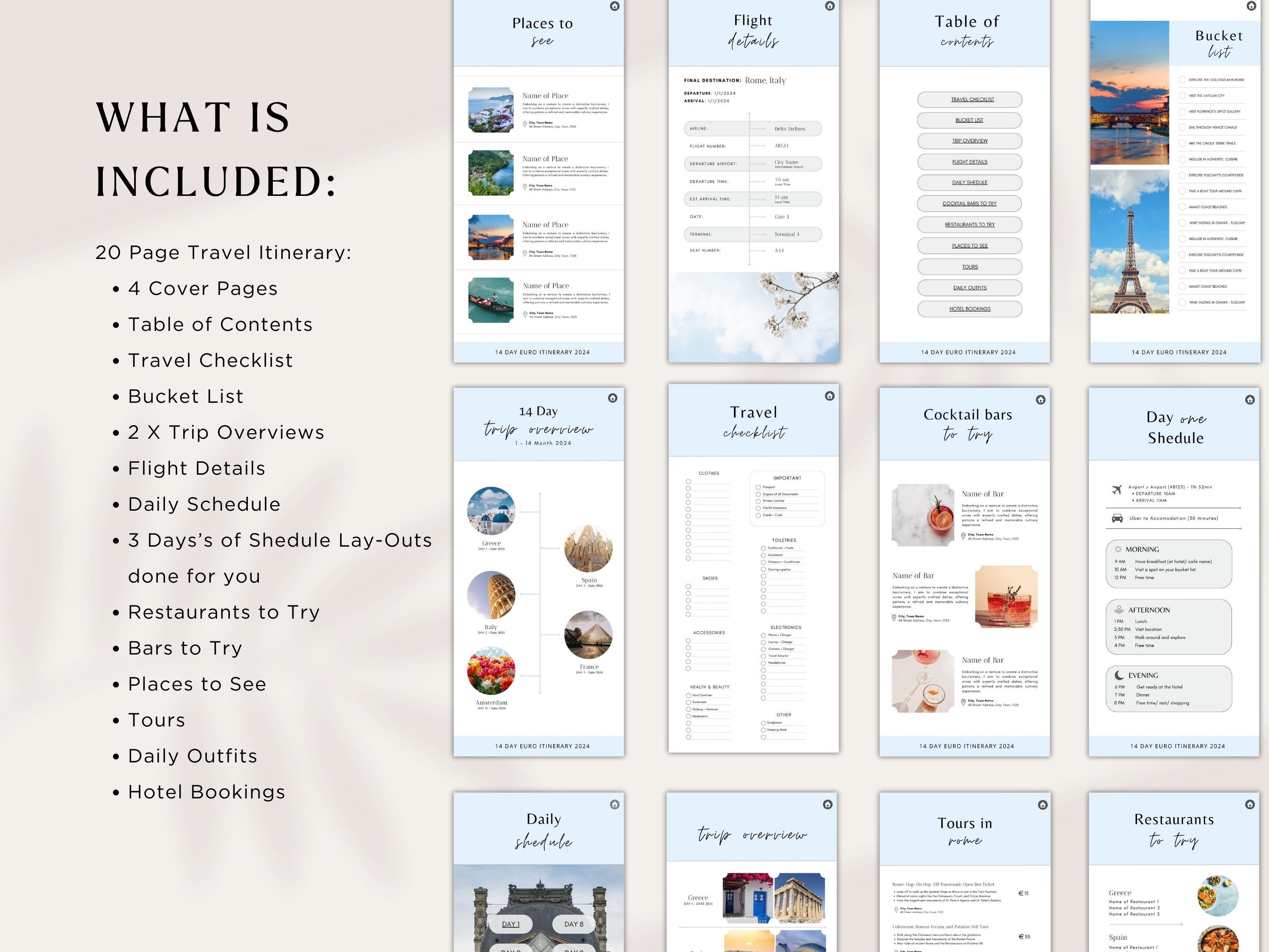 Editable Travel Itinerary Template Europe Travel Schedule Planner ...