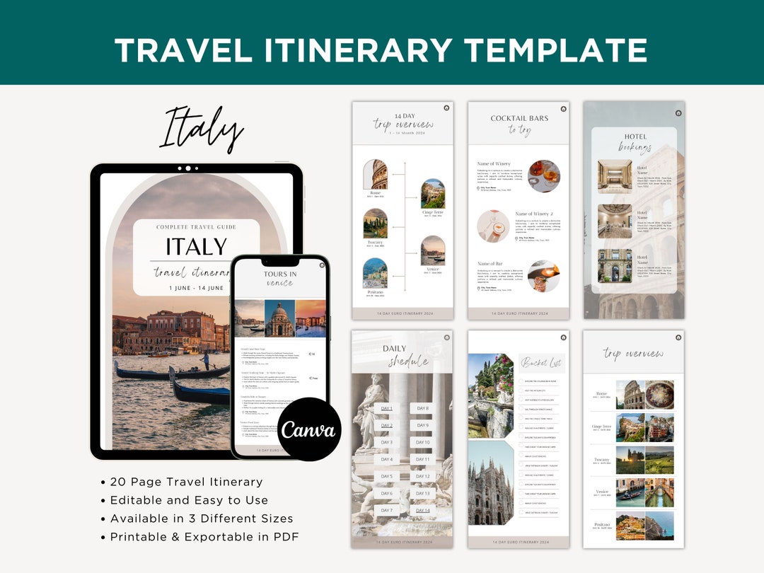Travel Itinerary Template | Italy Travelling Guide | Digital Printable ...