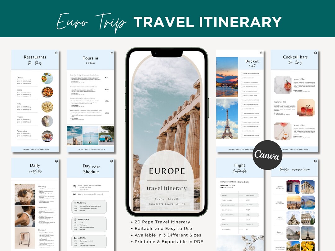 Editable Travel Itinerary Template | Europe Travel Schedule Planner ...