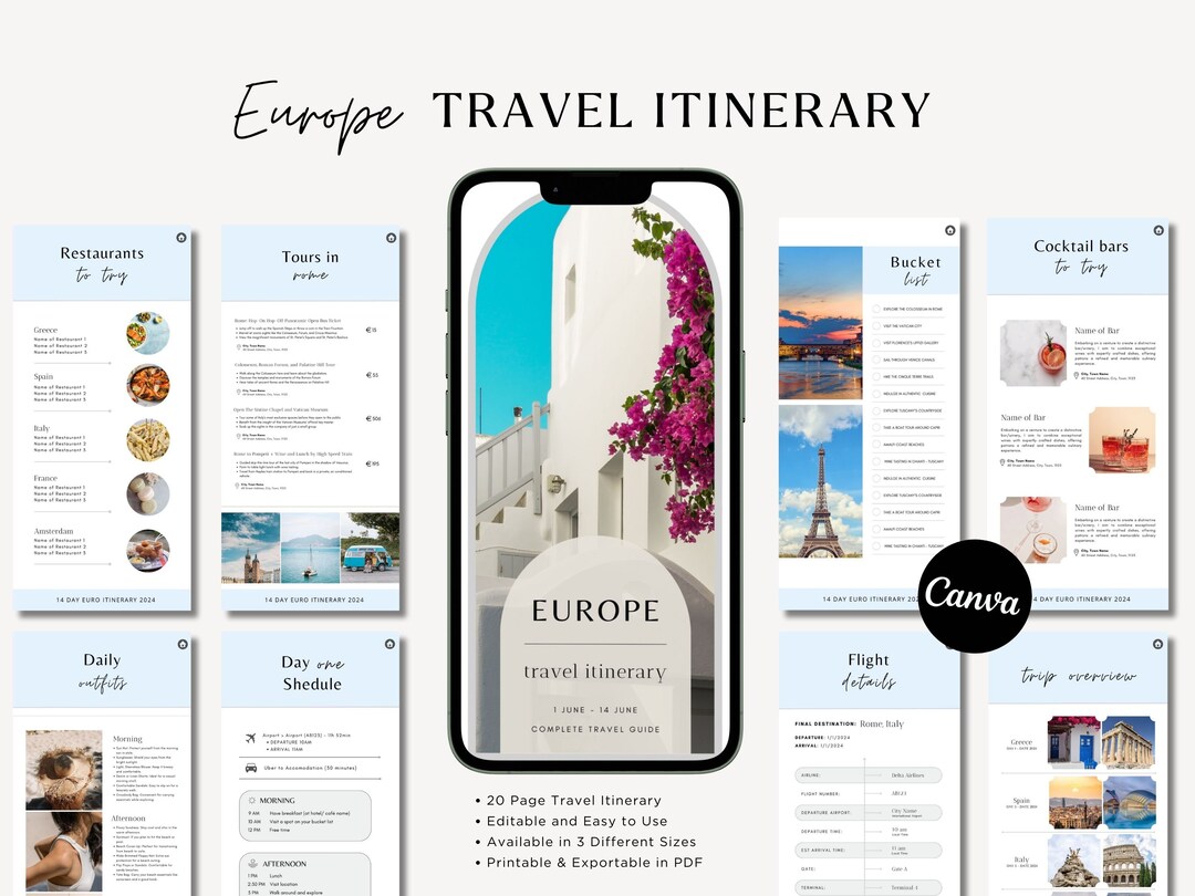Itinerary Planner Template Editable in Canva Printable Travel Schedule ...