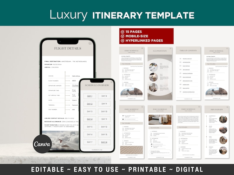 Travel Itinerary Template| Editable Mobile Travel Planner | Minimal ...