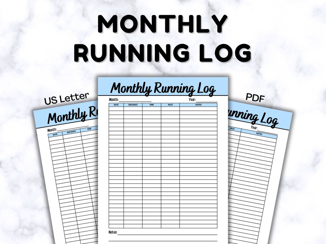 Printable Monthly Running Log Template blue, Digital Monthly Running ...