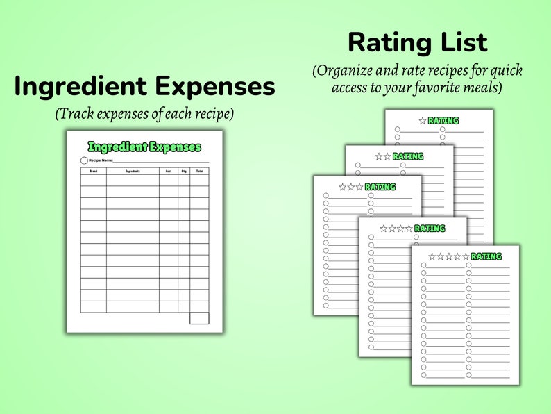 Printable Minimalist Recipe Template Bundle PDF green, Printable Meal ...