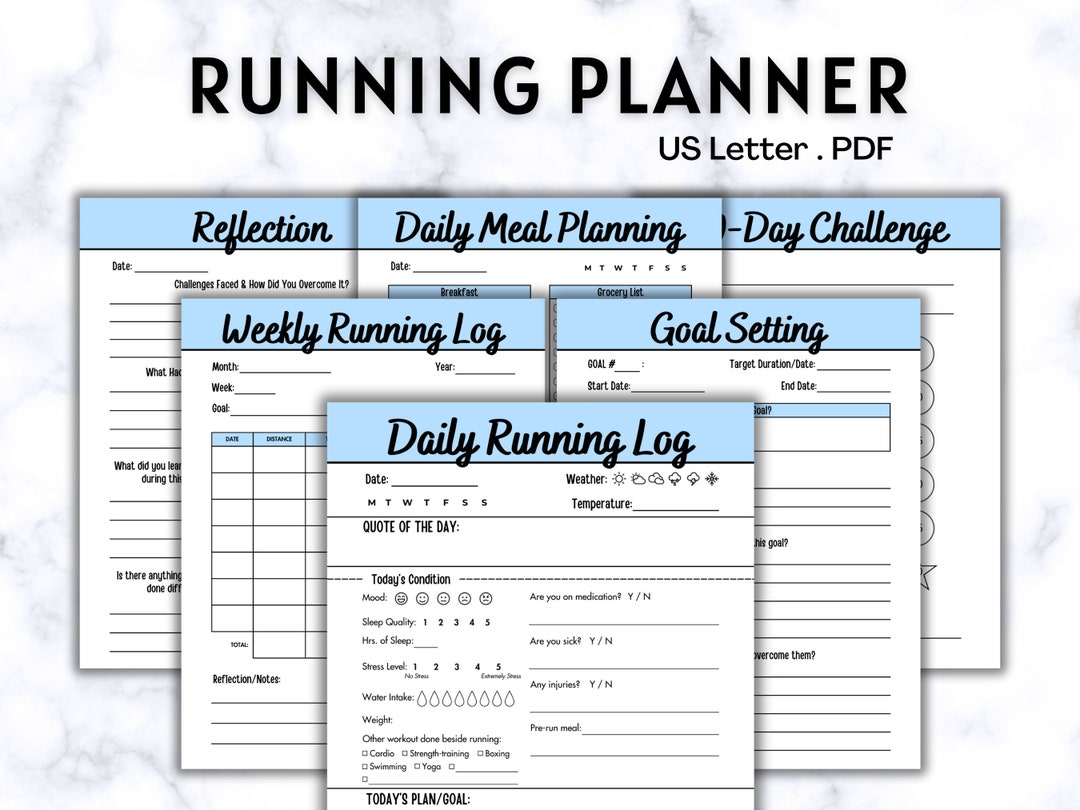 Printable Running Journal Template blue, Digital Running Training Planner Log, Running Journal ...
