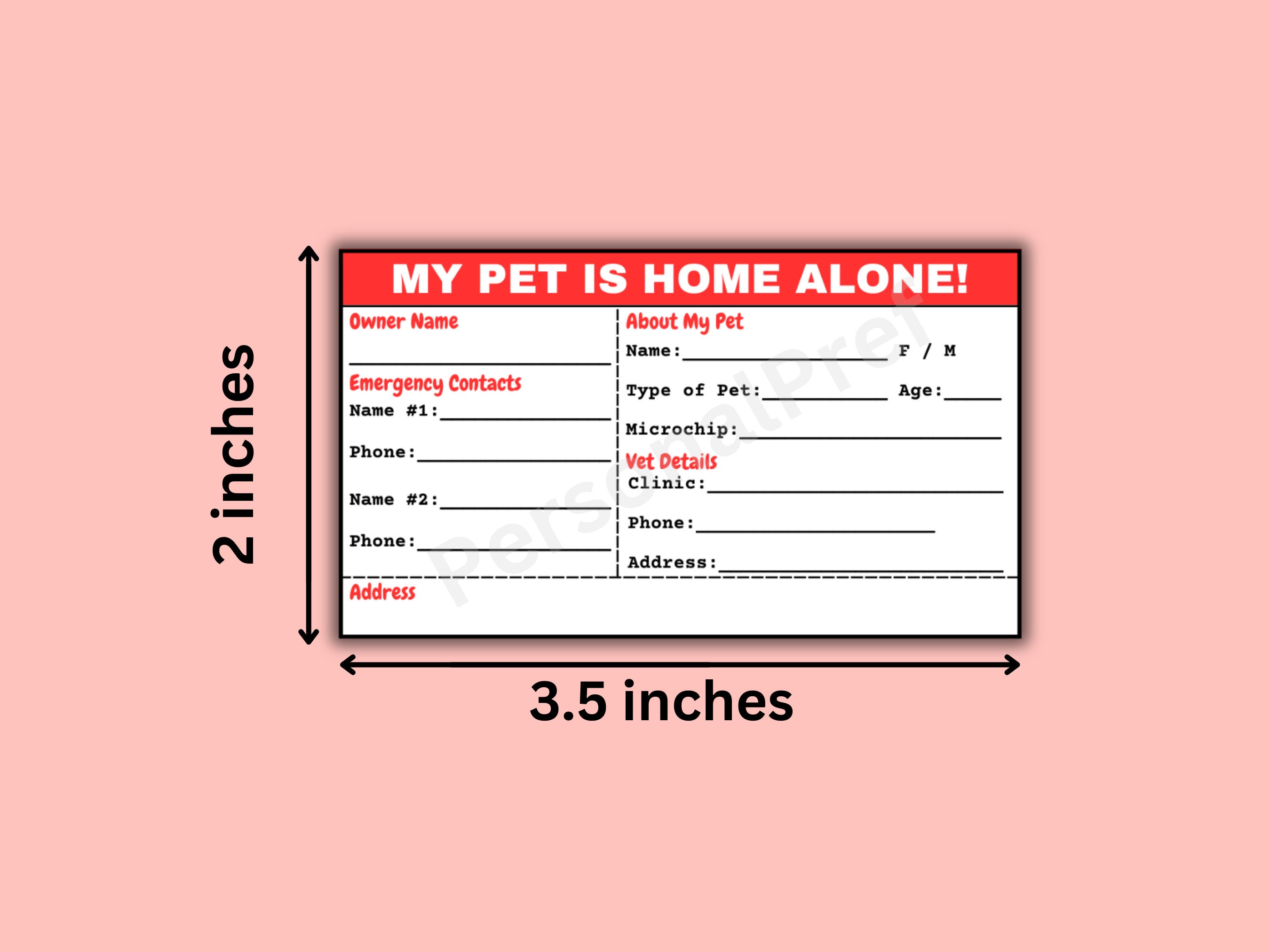 Printable Pet Emergency Contact Card Template, Wallet Size Pet Home ...