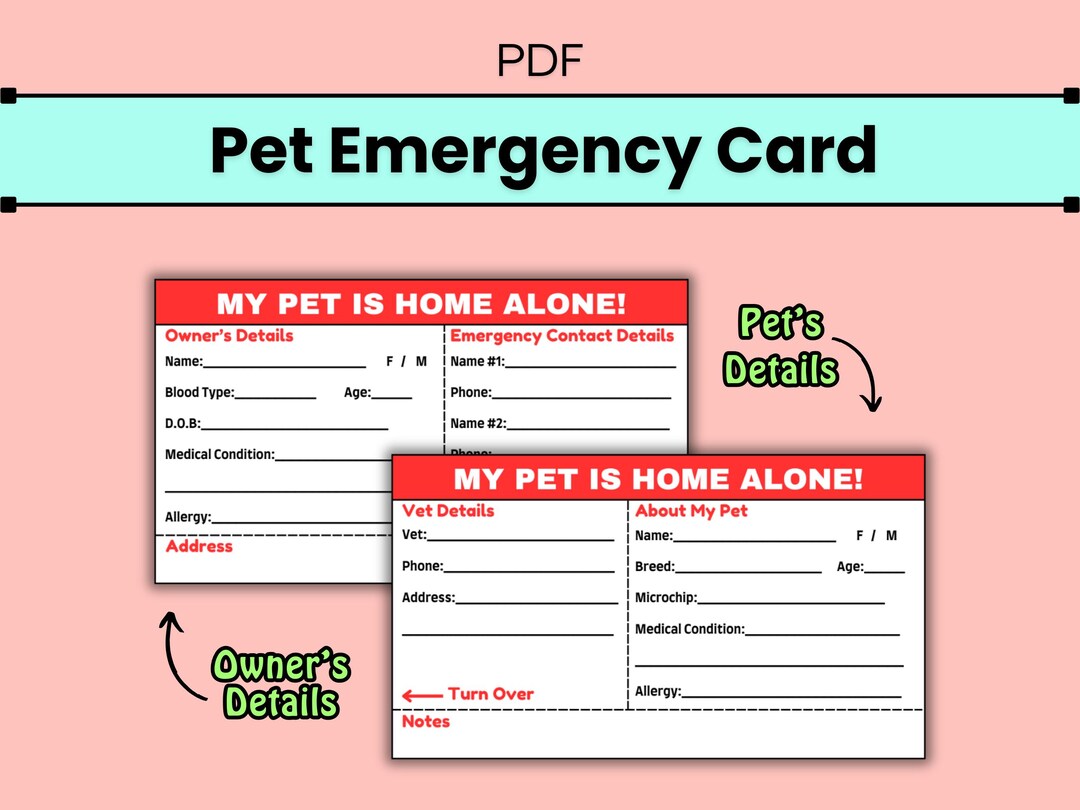 Printable Pet Emergency Contact Card Template, My Pet is Home Alone ... Printable Pet Emergency Contact Card Template, My Pet is Home Alone ...