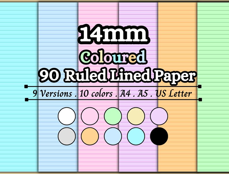 Printable 14mm Colour Wide Ruled Lined Paper Pack PDF Template, A4 A5 ...