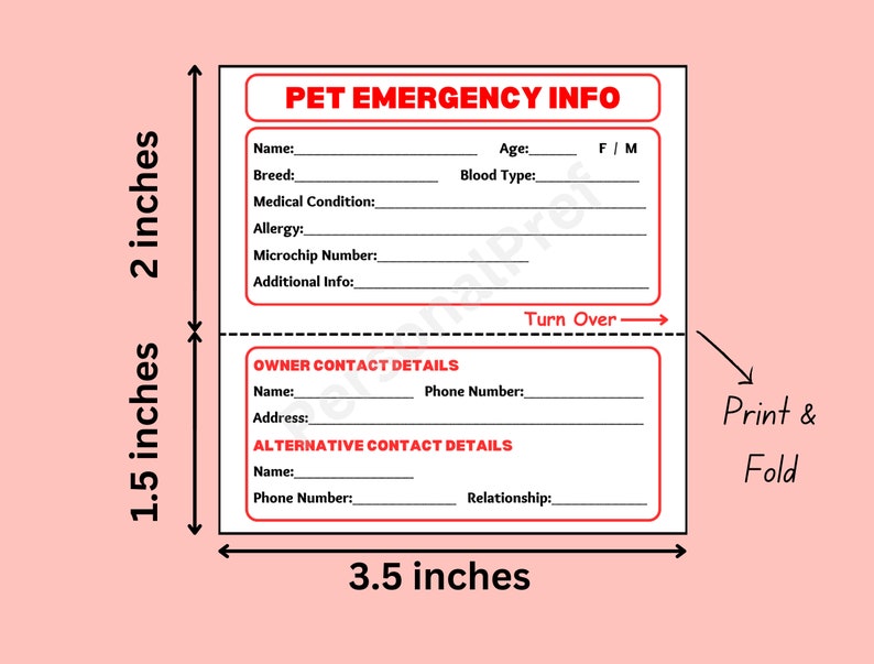 Printable Pet Emergency Contact Card Template, Wallet Size Pet and ...