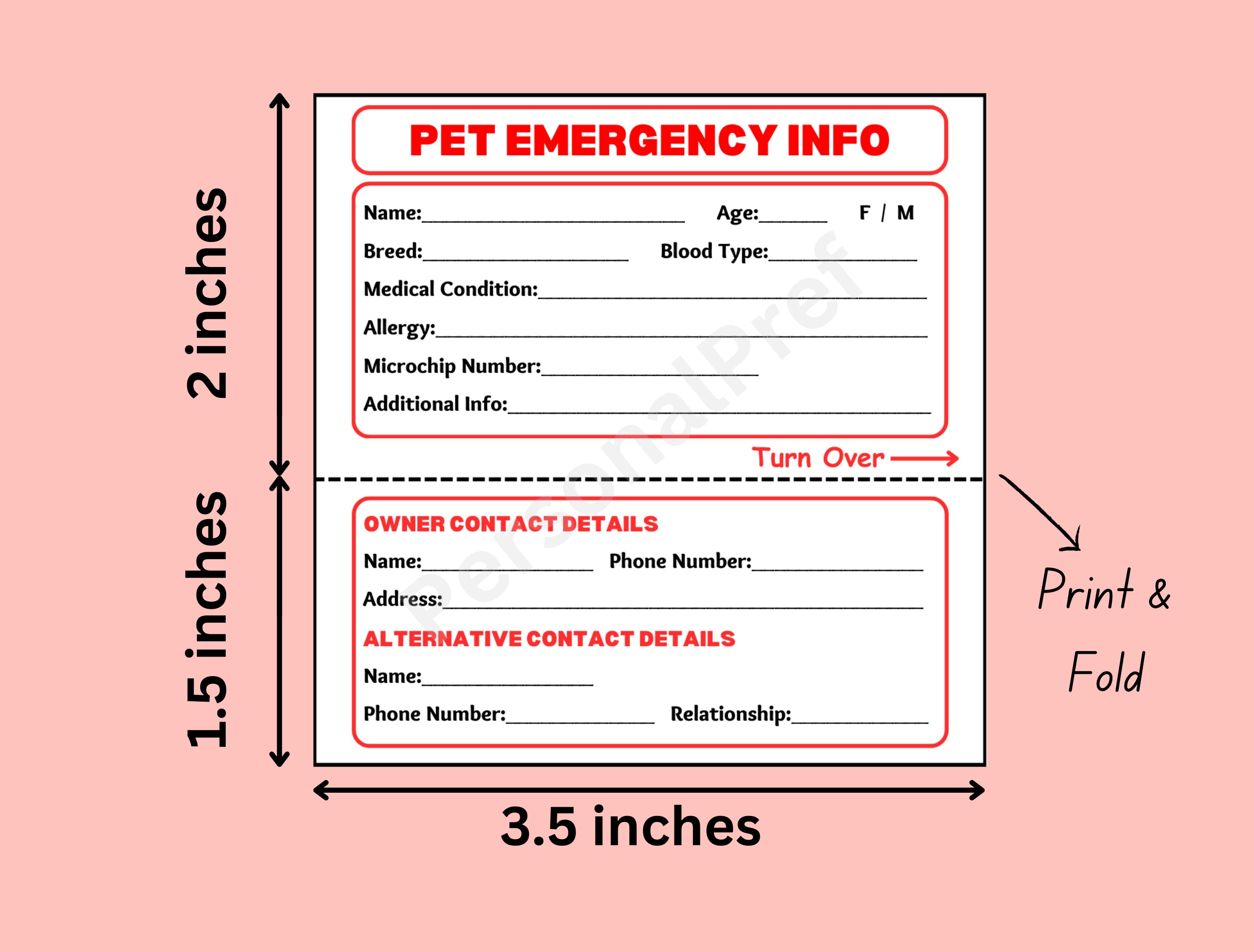 Printable Pet Emergency Contact Card Template, Wallet Size Pet and ...