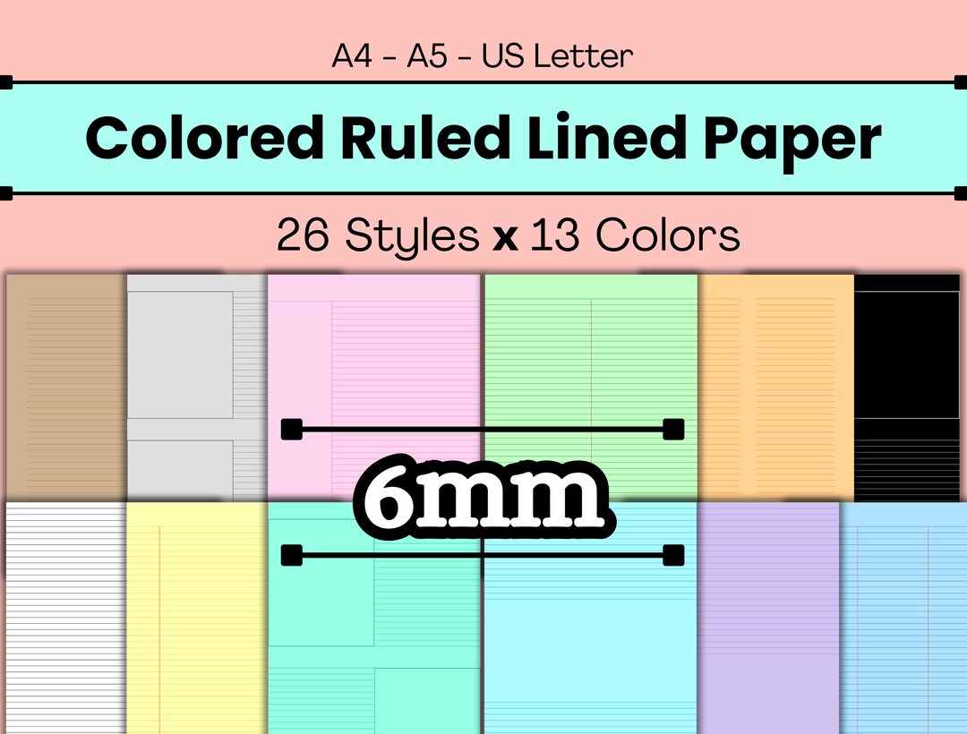 Printable 6mm Coloured Ruled Lined Paper Pack PDF Template, A4 A5 US ...