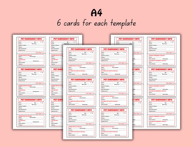 Printable Pet Emergency Contact Card Template, Wallet Size Pet and ...