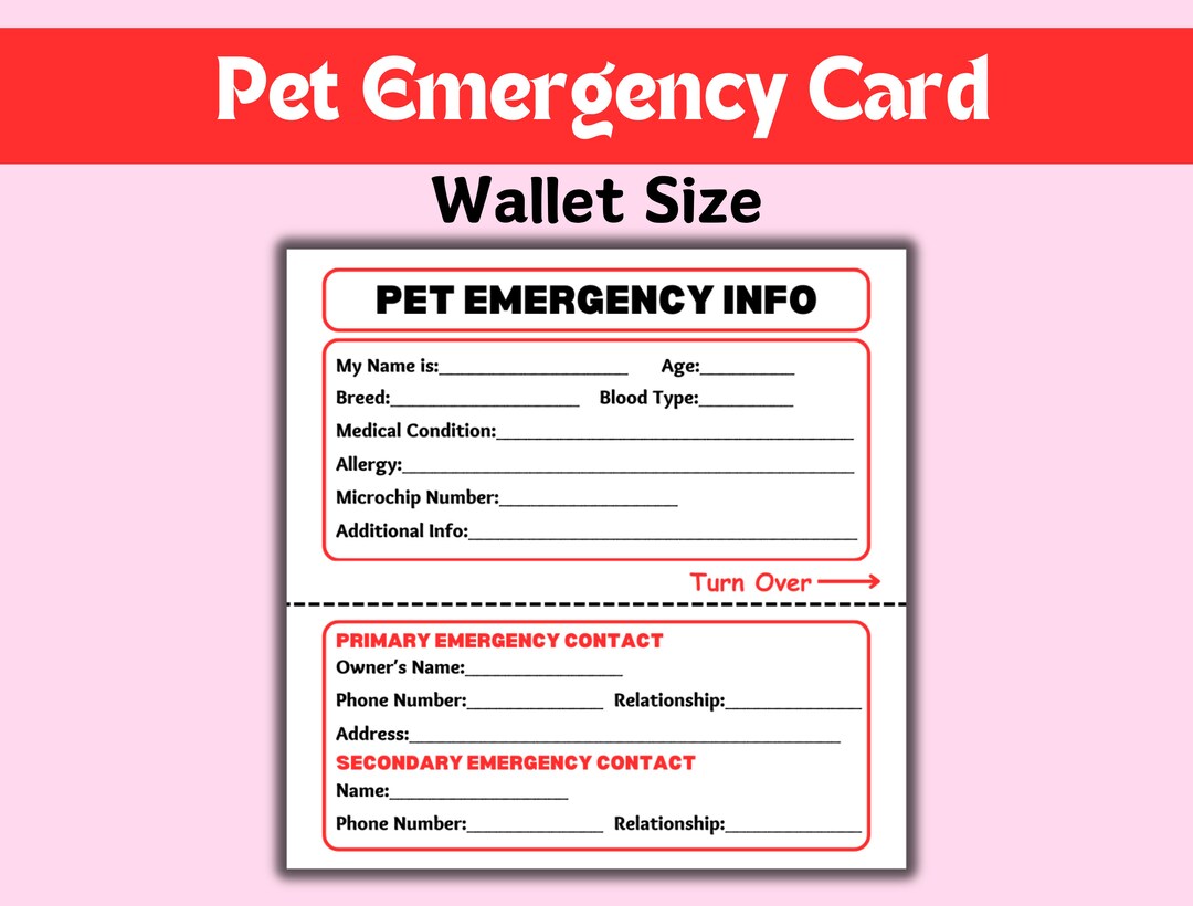 Printable Pet Emergency Contact Card Template Wallet Size Pet - Etsy Printable Pet Emergency Contact Card Template Wallet Size Pet - Etsy