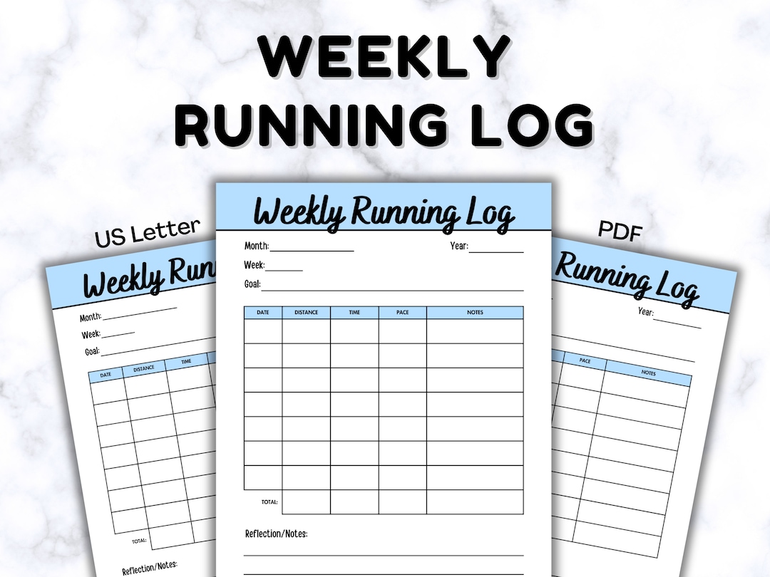Printable Weekly Running Log Template blue, Digital Weekly Running ...