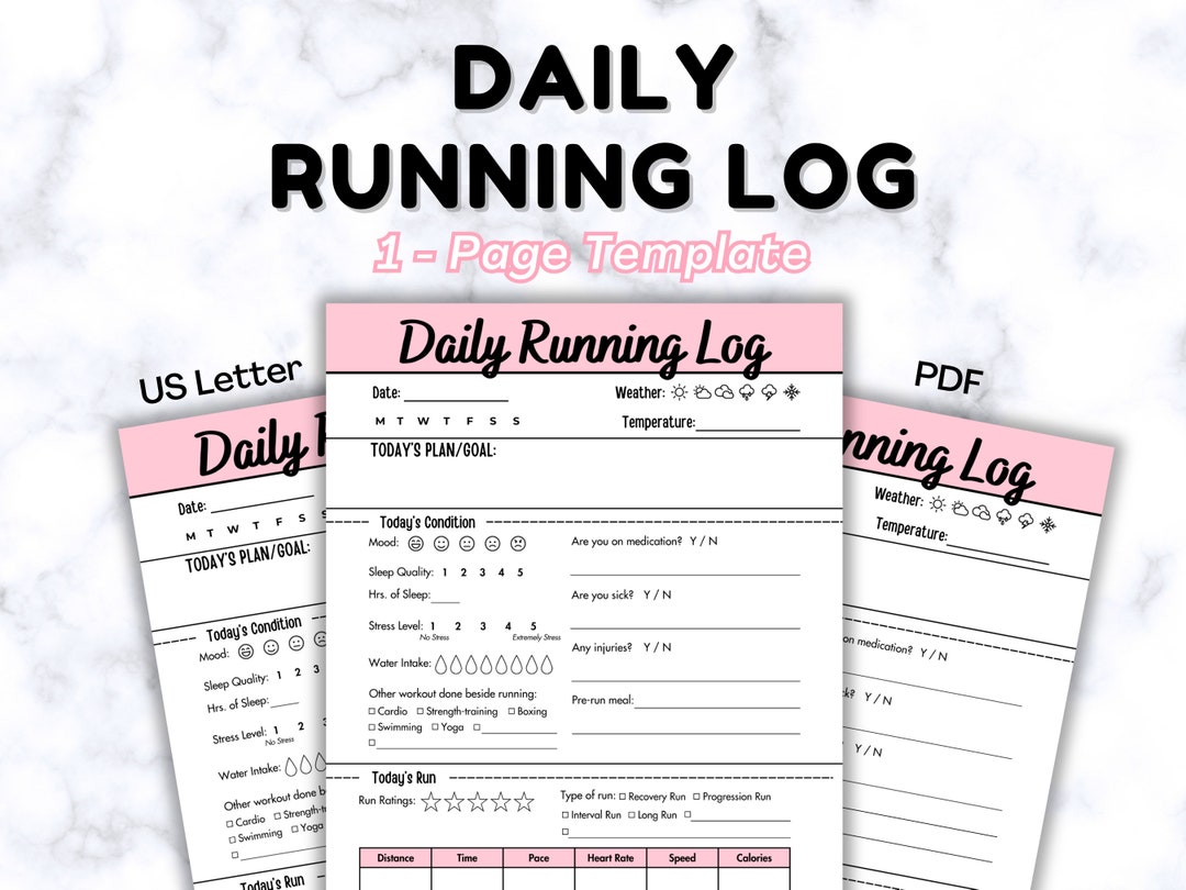 Printable 1-page Daily Running Log Template pink, Digital Daily Running ...