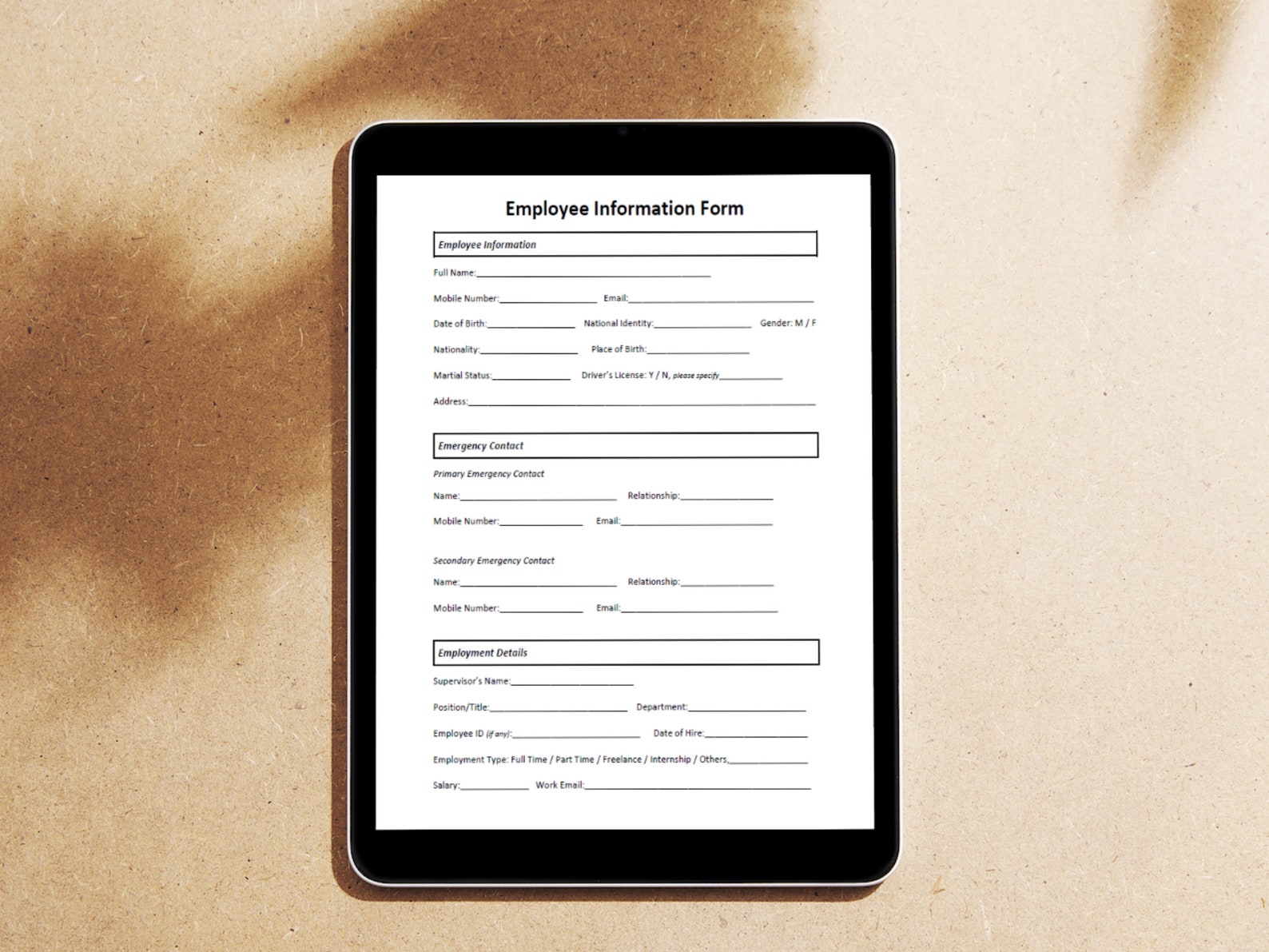 New Employee Information Form Template New Hire Employment Information ...
